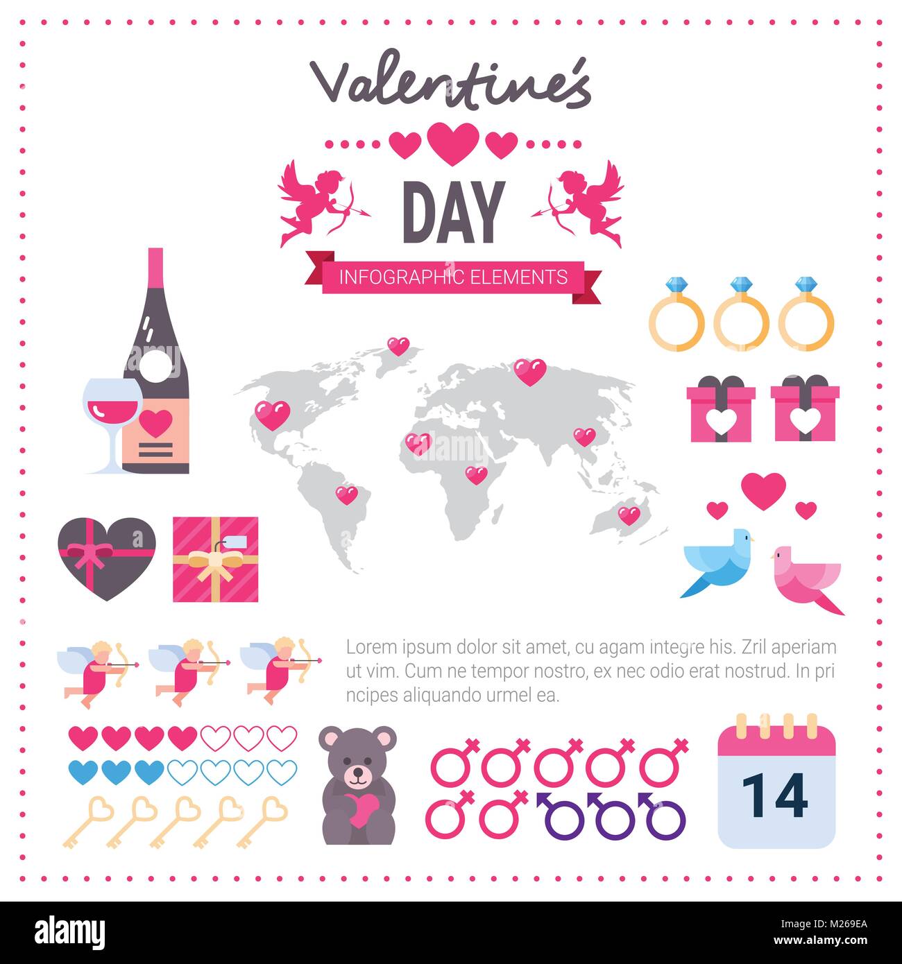 Valentines Day Infographic Banner Set Of Icons Over Template Pink ...