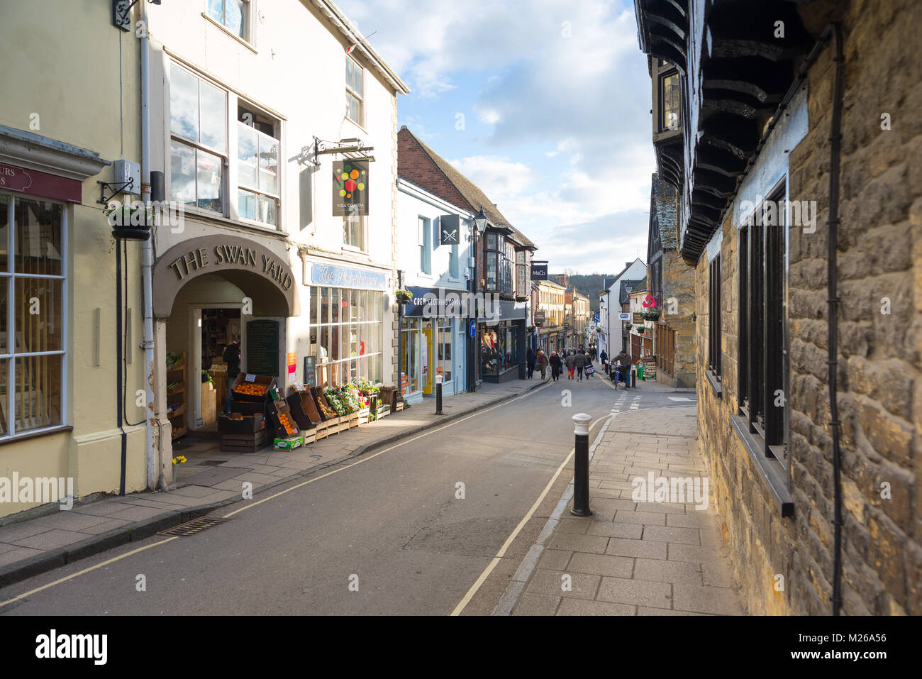 Shops and businesses looking down the High Street, Sherborne, Dorset ...