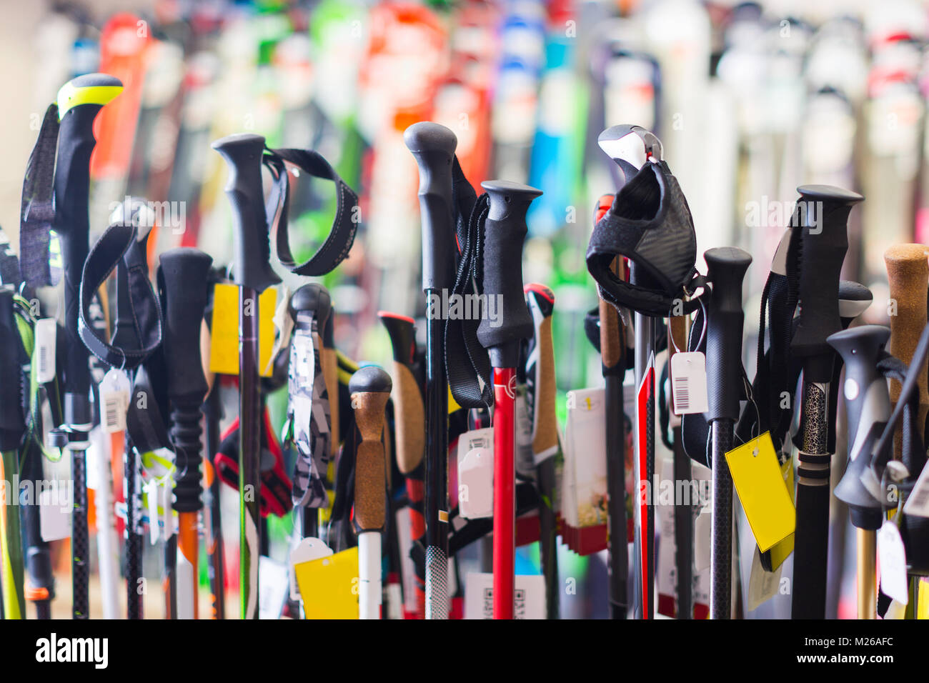 Image of skis in sport store indoor Stock Photo - Alamy