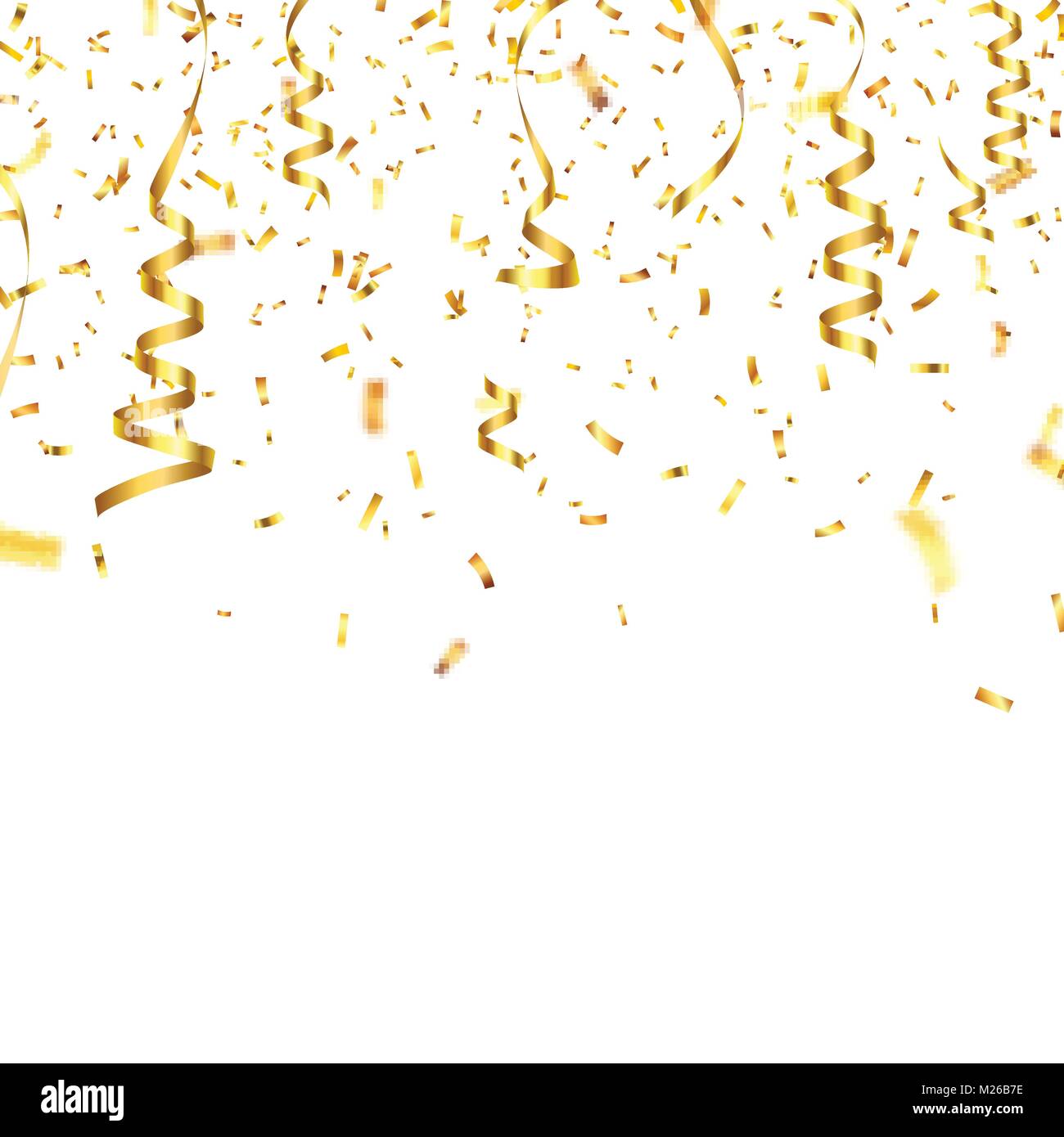 Christmas golden confetti with ribbon. Falling shiny confetti glitters ...