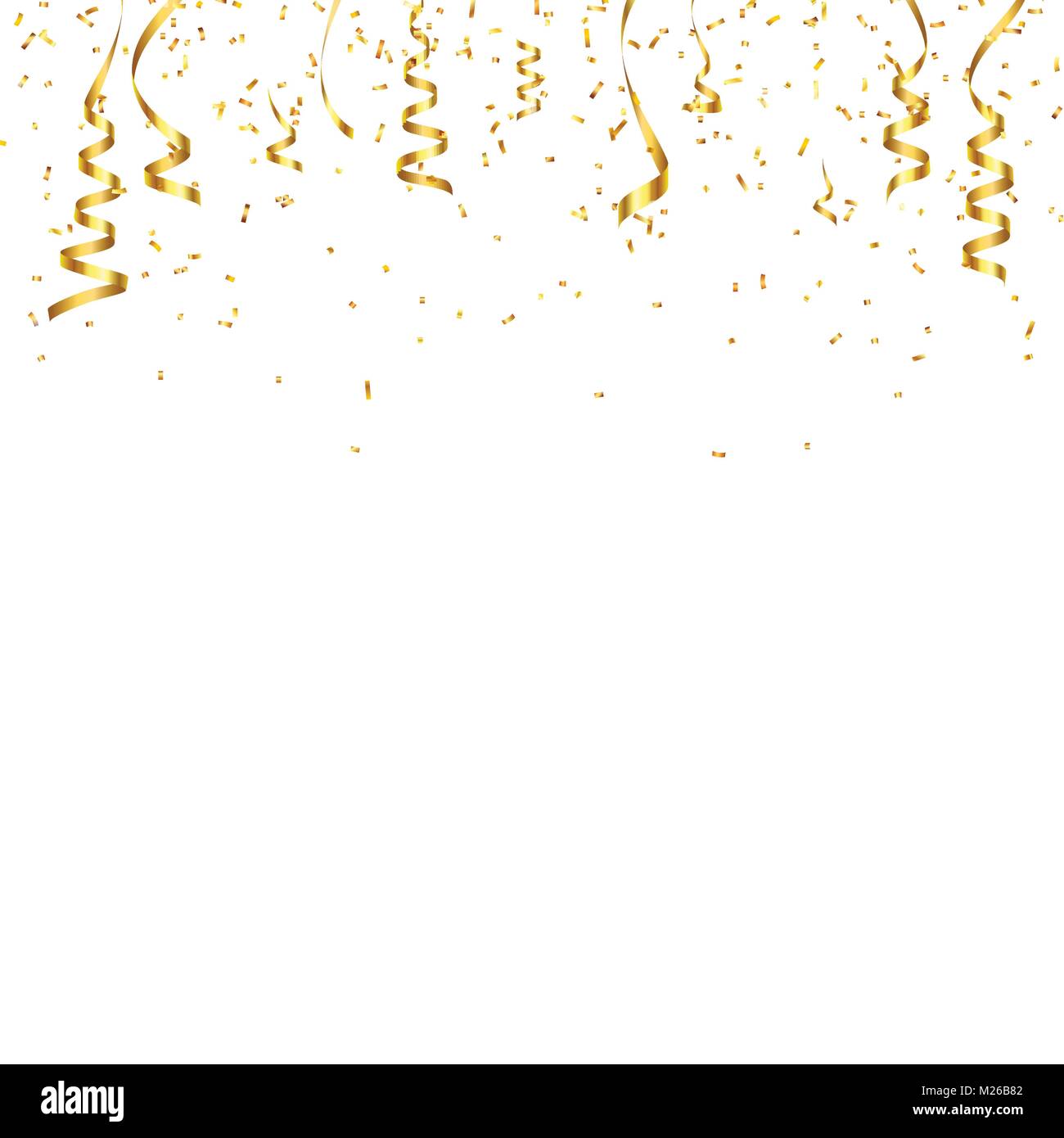 Christmas golden confetti with ribbon. Falling shiny confetti glitters ...