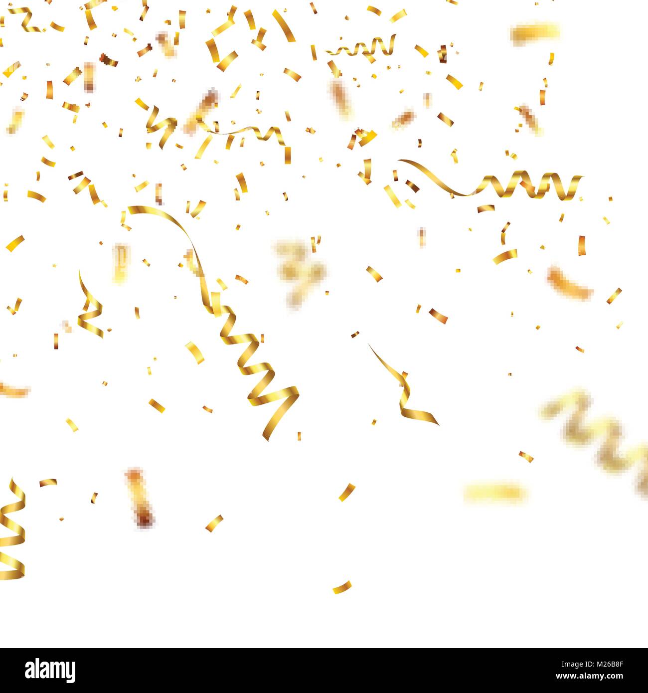 Christmas golden confetti with ribbon. Falling shiny confetti glitters ...