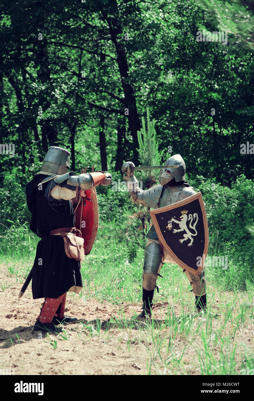 Two knights in armor is fighting at forest Stock Photo - Alamy