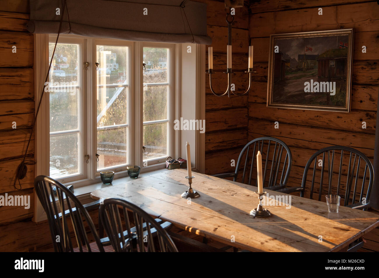 Interior of typical rorbu cottage at Reine during a summer night in ...