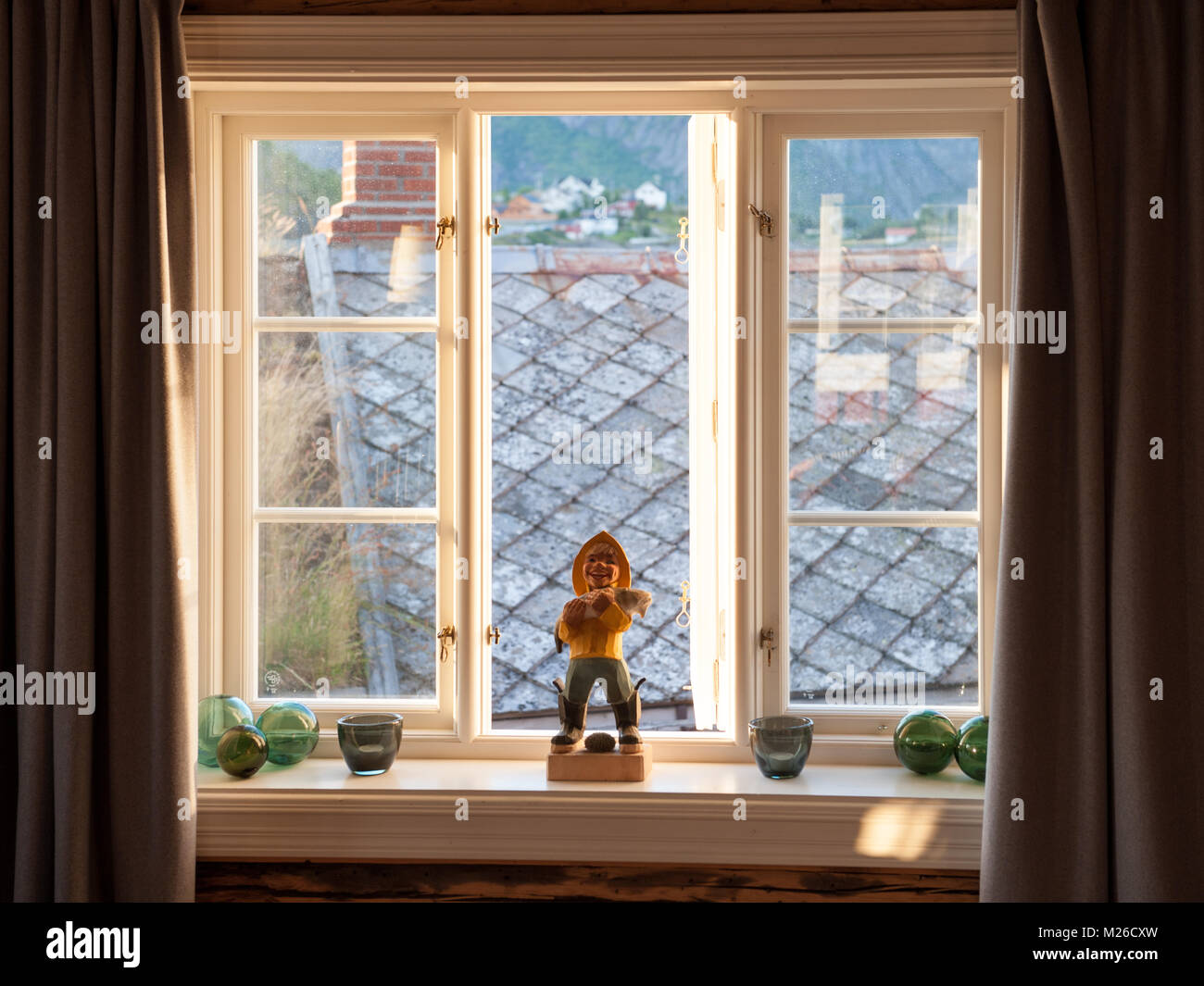 Interior of typical rorbu cottage at Reine during a summer night in ...