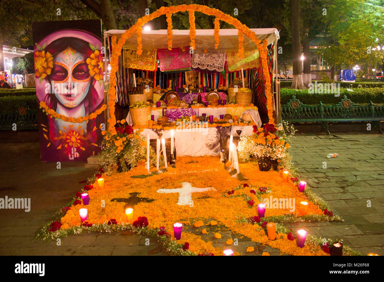 TLAXCALA, MEXICO - NOVEMBER 1 Night scene of a traditional mexican ...
