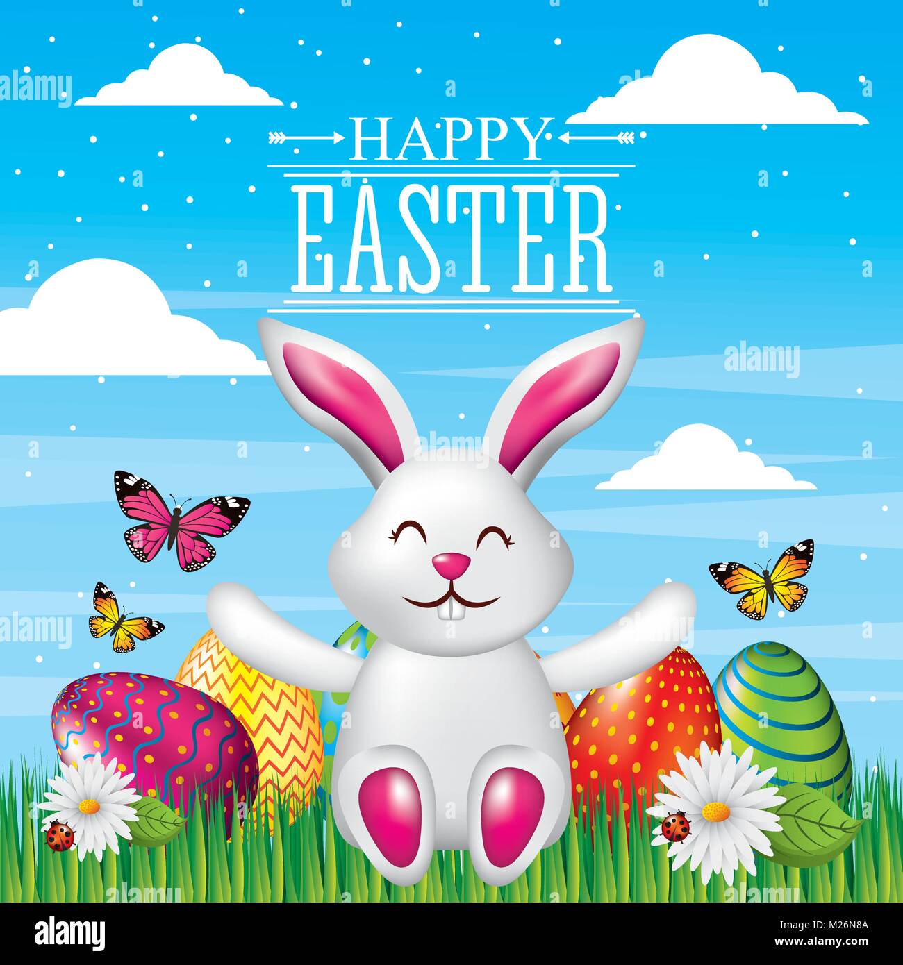 happy easter card cute rabbit sitting with bright eggs butterflies and ...