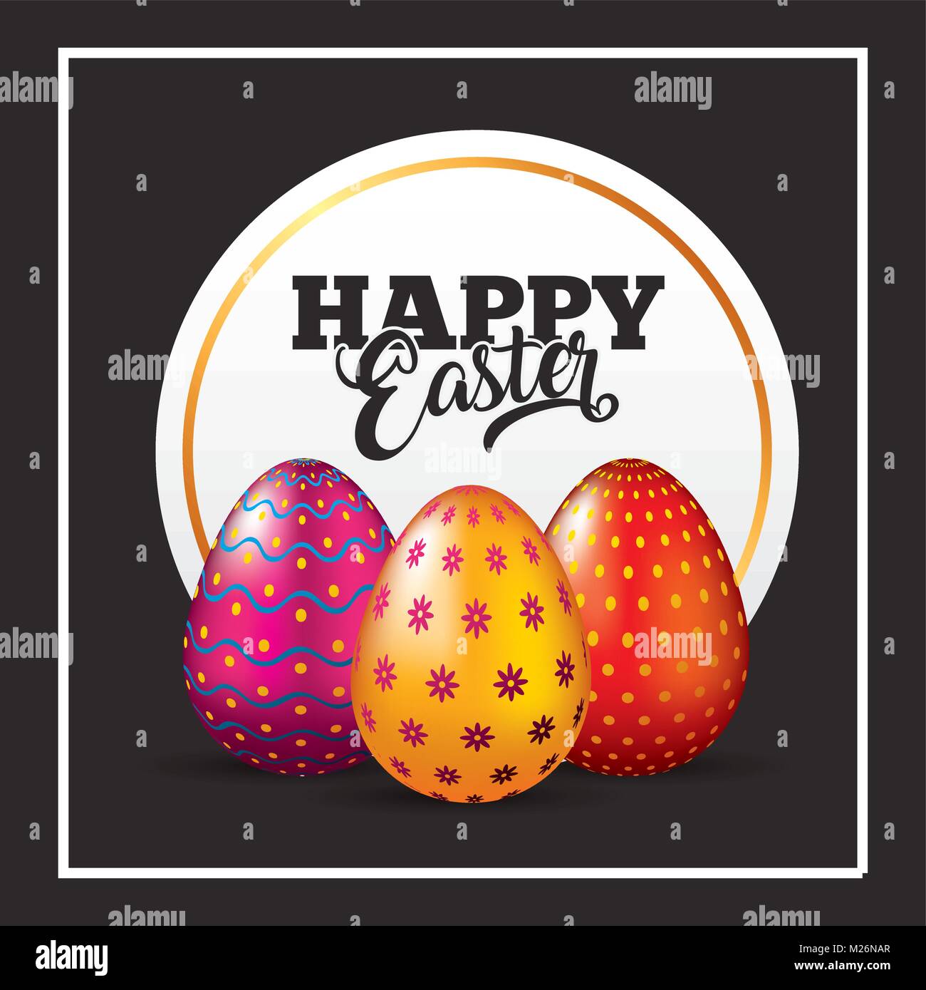 happy easter card decorative eggs lettering black background Stock ...