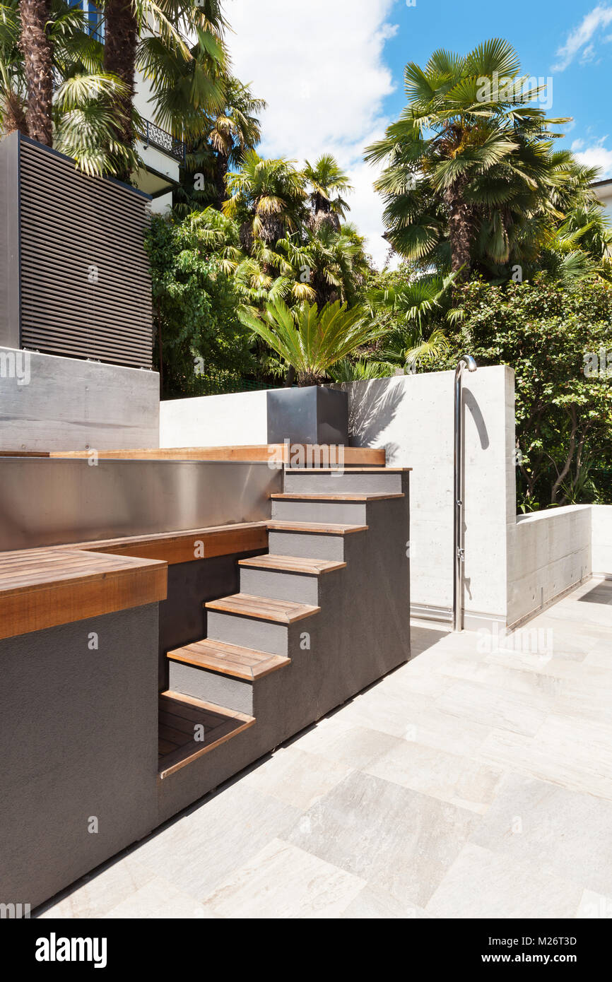 beautiful modern house, view from the terrace, pool Stock Photo - Alamy