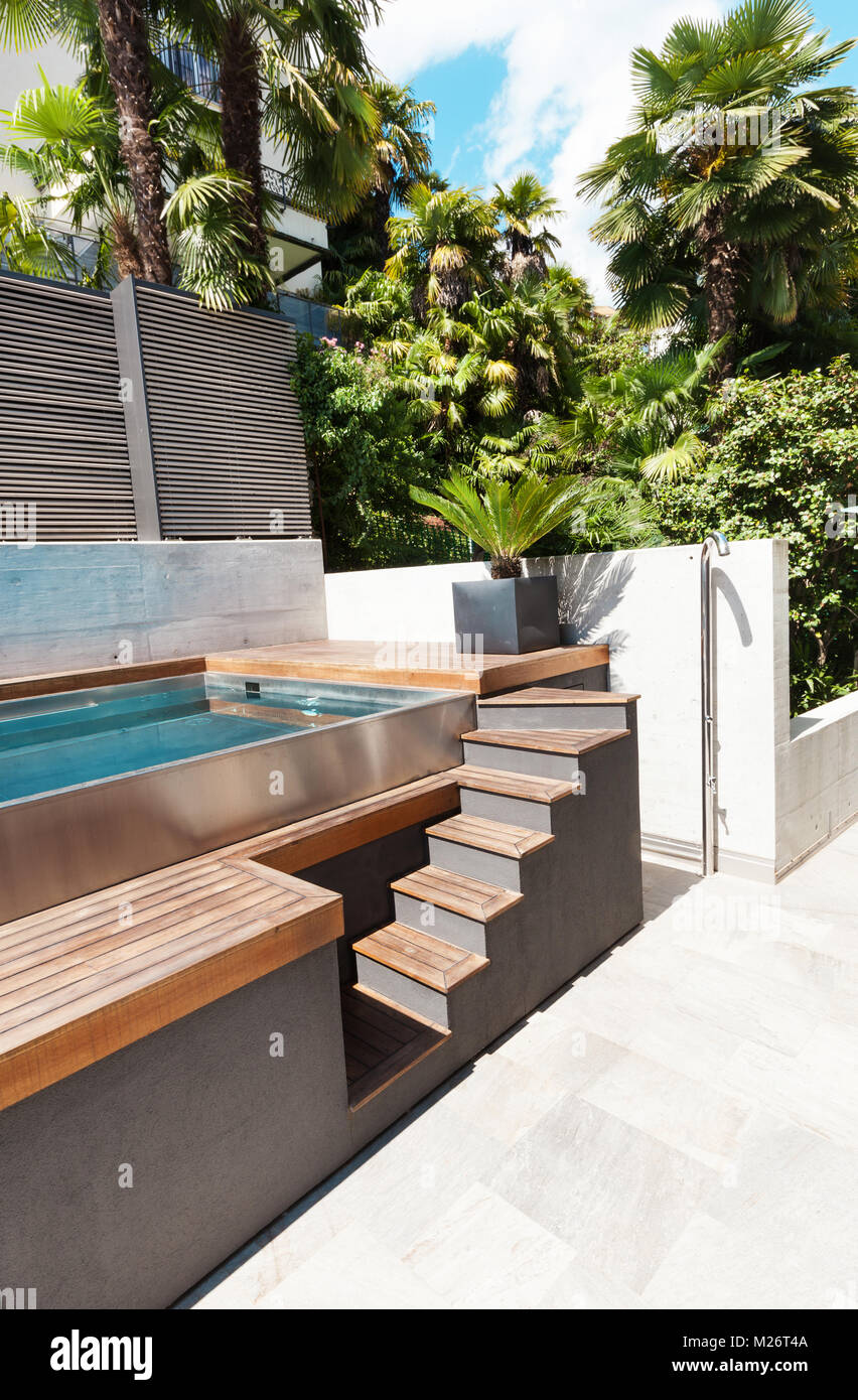 beautiful modern house, view from the terrace, pool Stock Photo - Alamy