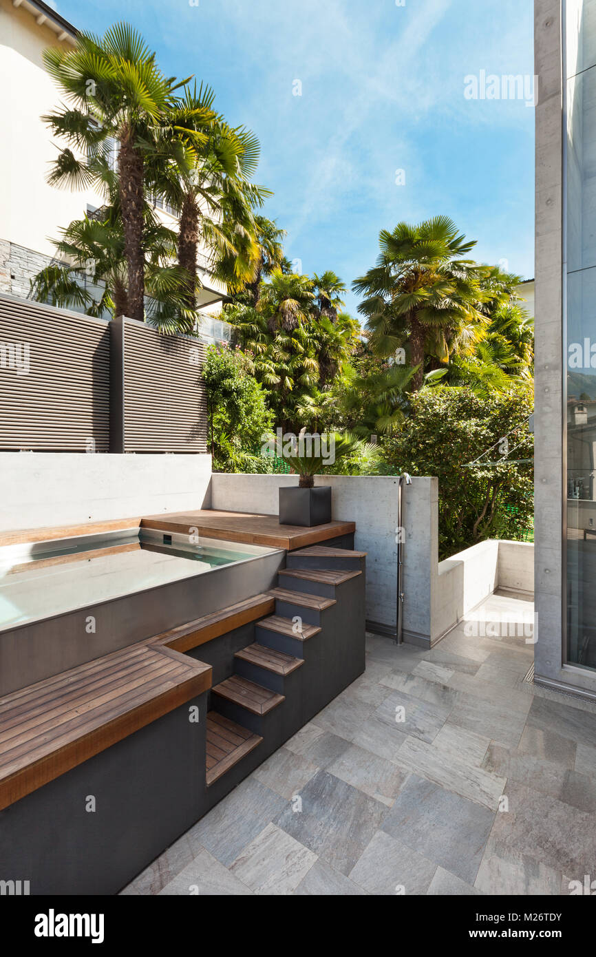 beautiful modern house, view from the terrace, pool Stock Photo - Alamy