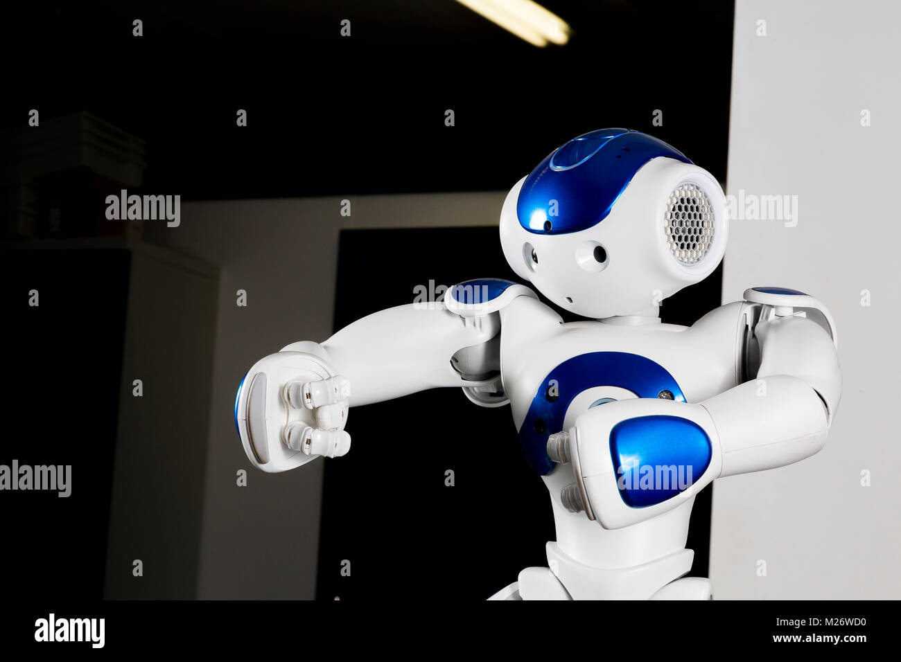 A white and blue robot displays a karate pose Stock Photo - Alamy