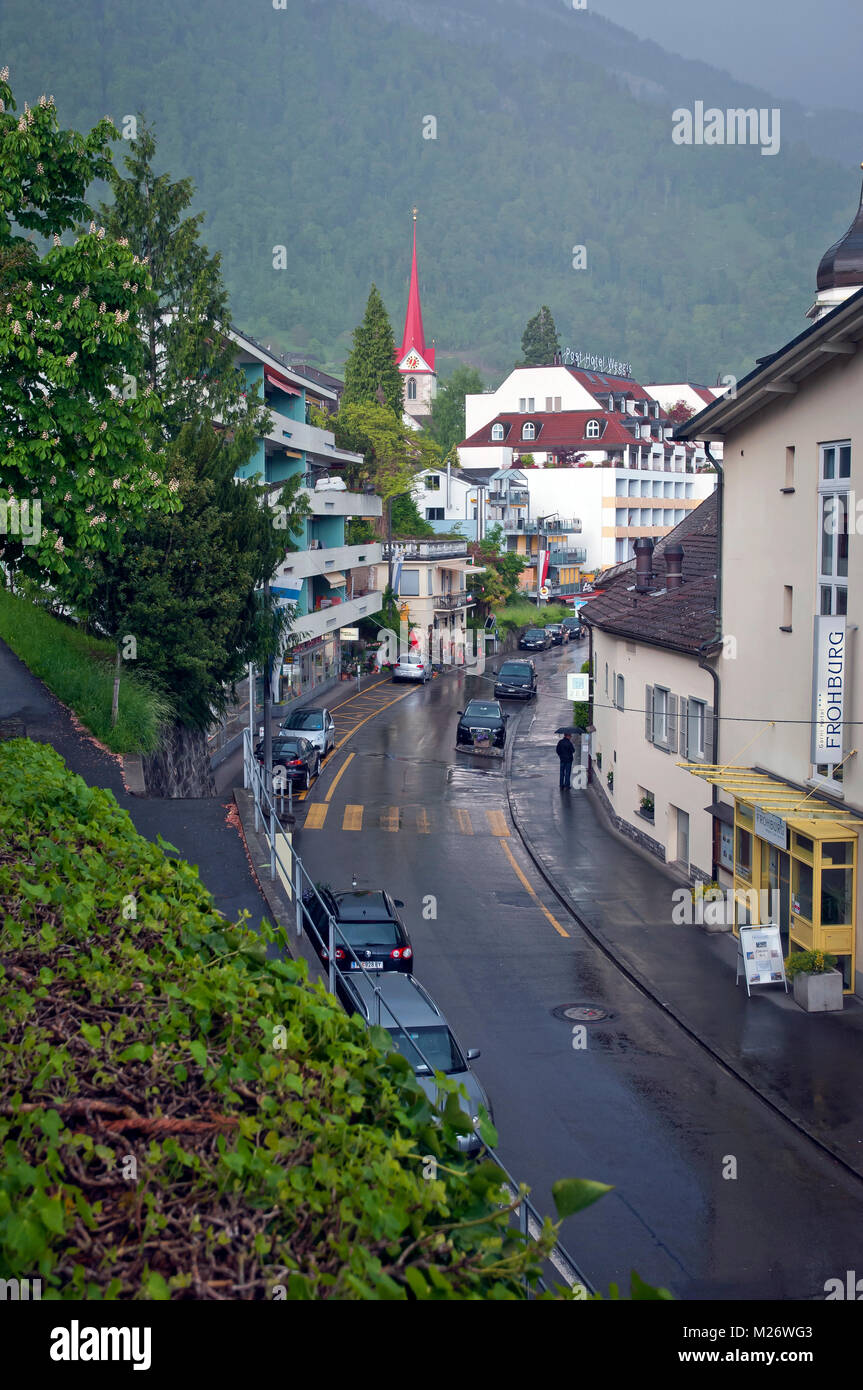 Street of Weggis in rainy day, Switzerland, federal republic, Europe ...