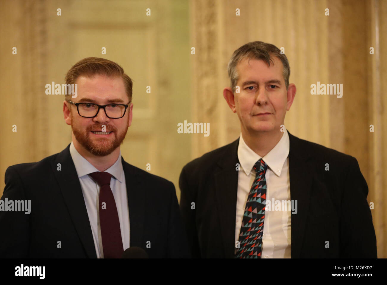 DUP MLA's Simon Hamilton (left) and Edwin Poots speaking to the media ...