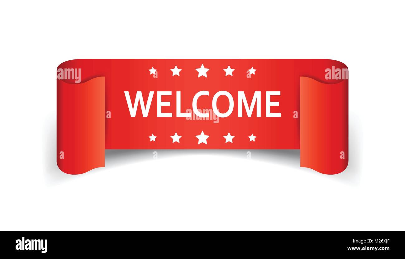 Welcome ribbon vector icon. Hello sticker label on white background ...