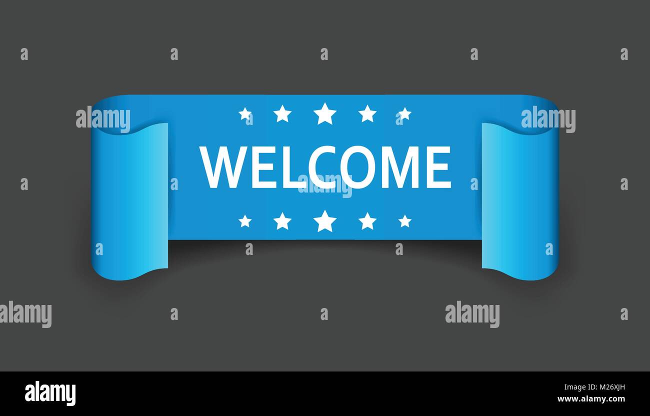 Welcome ribbon vector icon. Hello sticker label on black background ...