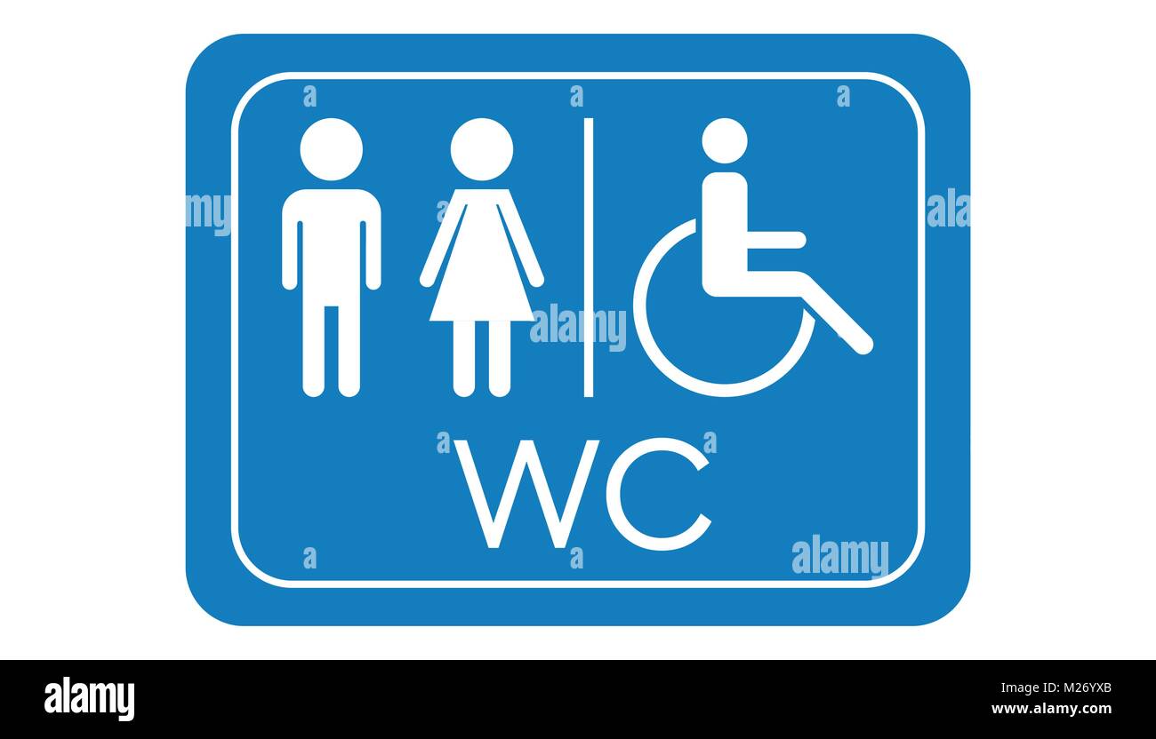 WC, toilet vector icon . Men and women sign for restroom on blue board ...