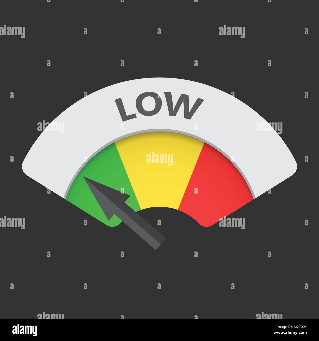 Low level risk gauge vector icon. Low fuel illustration on black ...