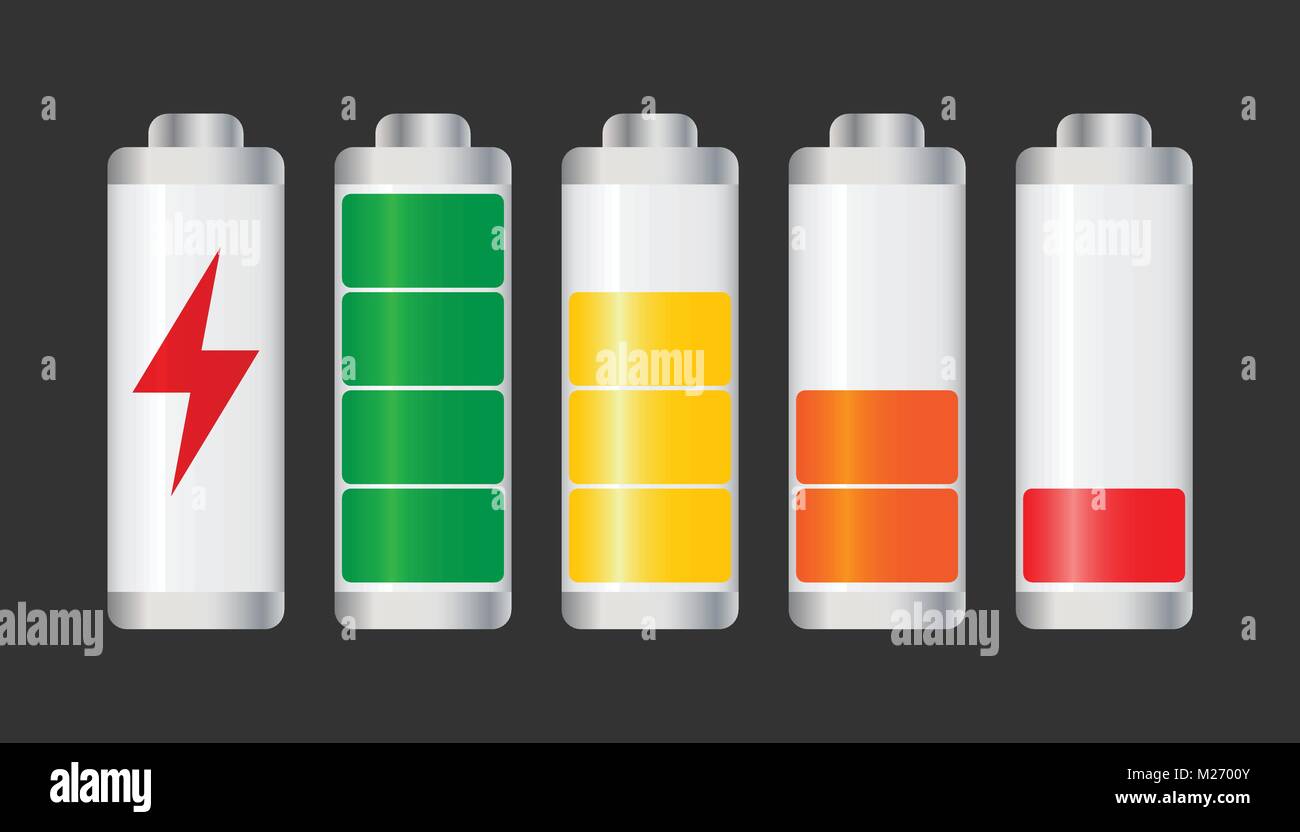Set of battery charge level indicator. Vector illustration on black ...