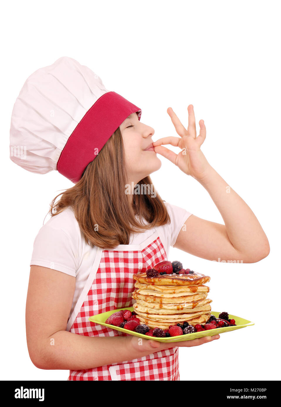 little girl cook with pancakes and ok hand sign Stock Photo - Alamy