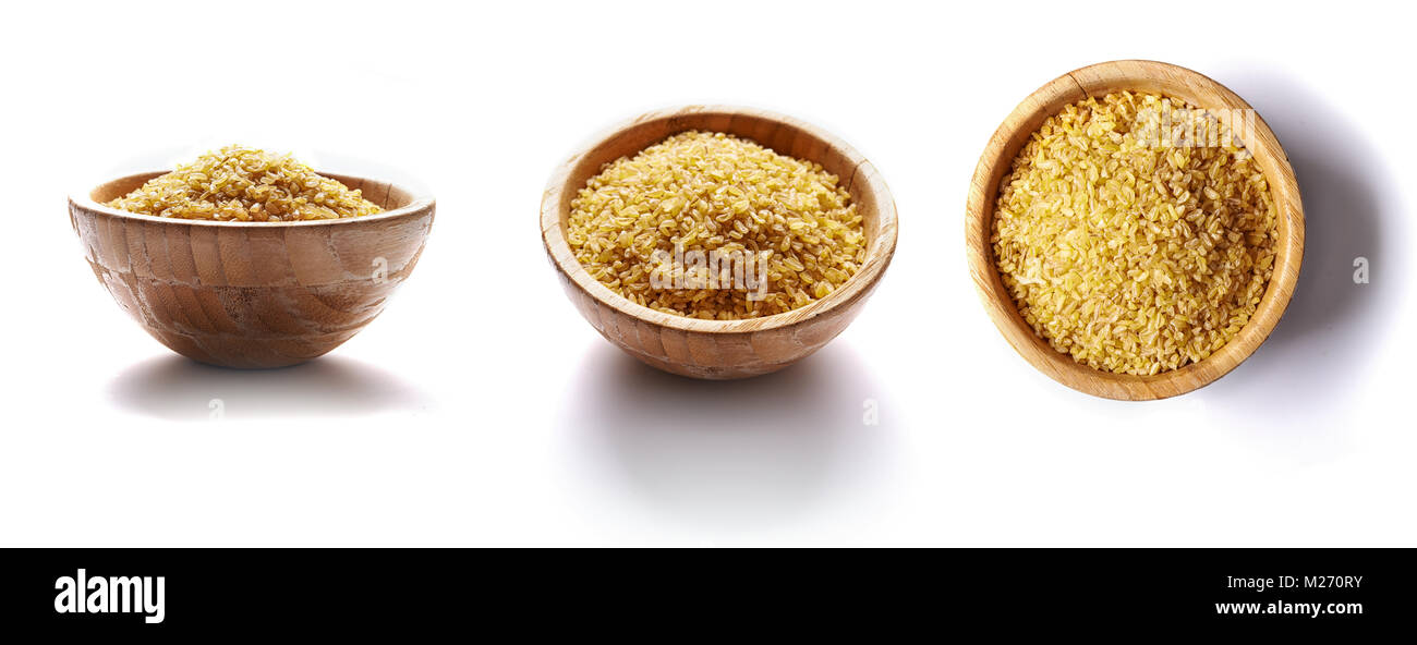 bulgur in bowl isolated on white background, three types of view Stock ...