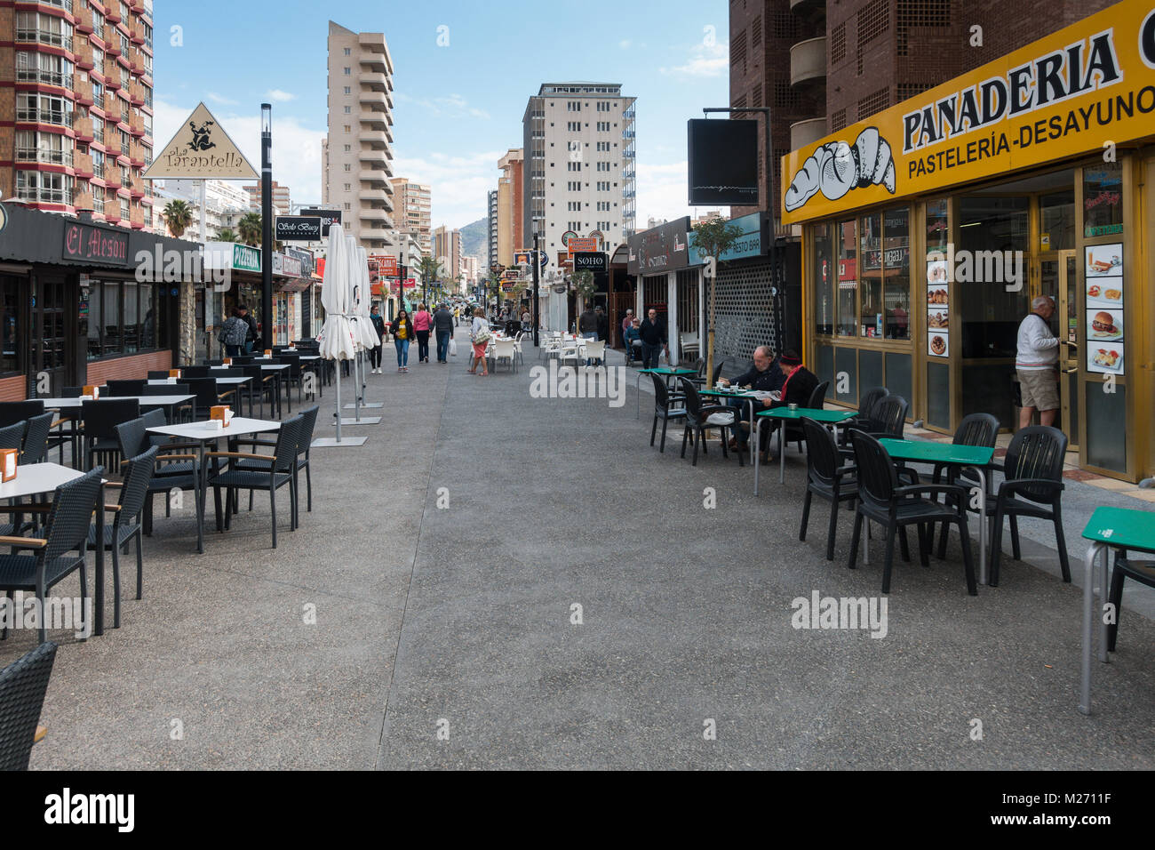 Benidorm New Town, Costa Blanca, Spain. Pedestrianised food street ...