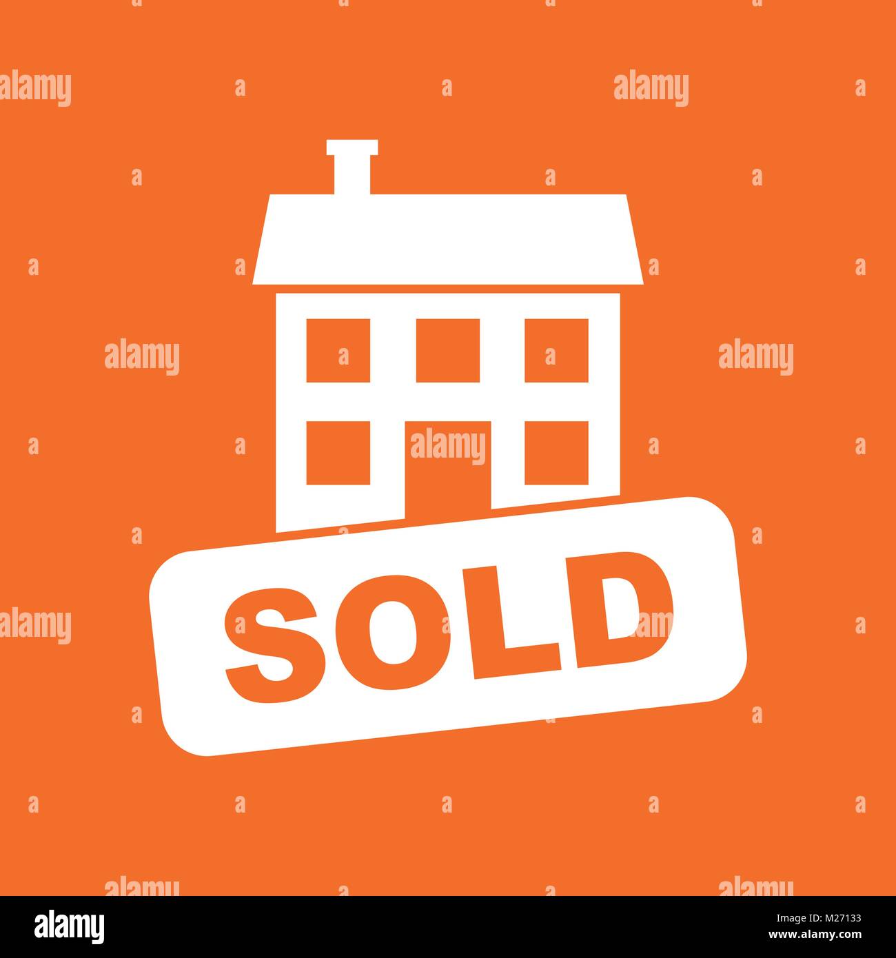Sold house icon. Vector illustration in flat style on orange background ...
