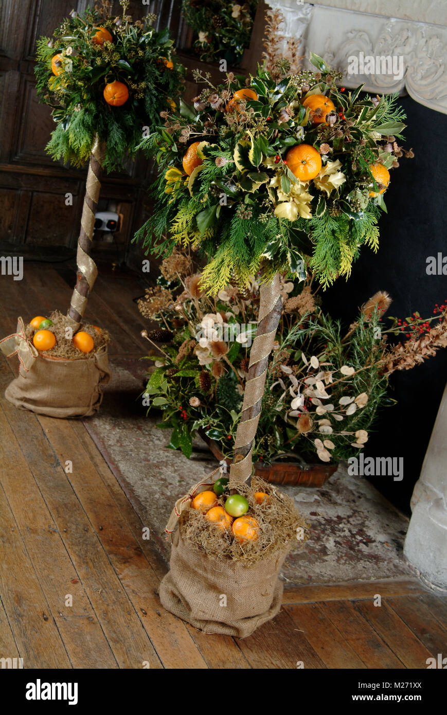 Decorated trees at Little Moreton Hall, Congleton, Cheshire Stock Photo ...