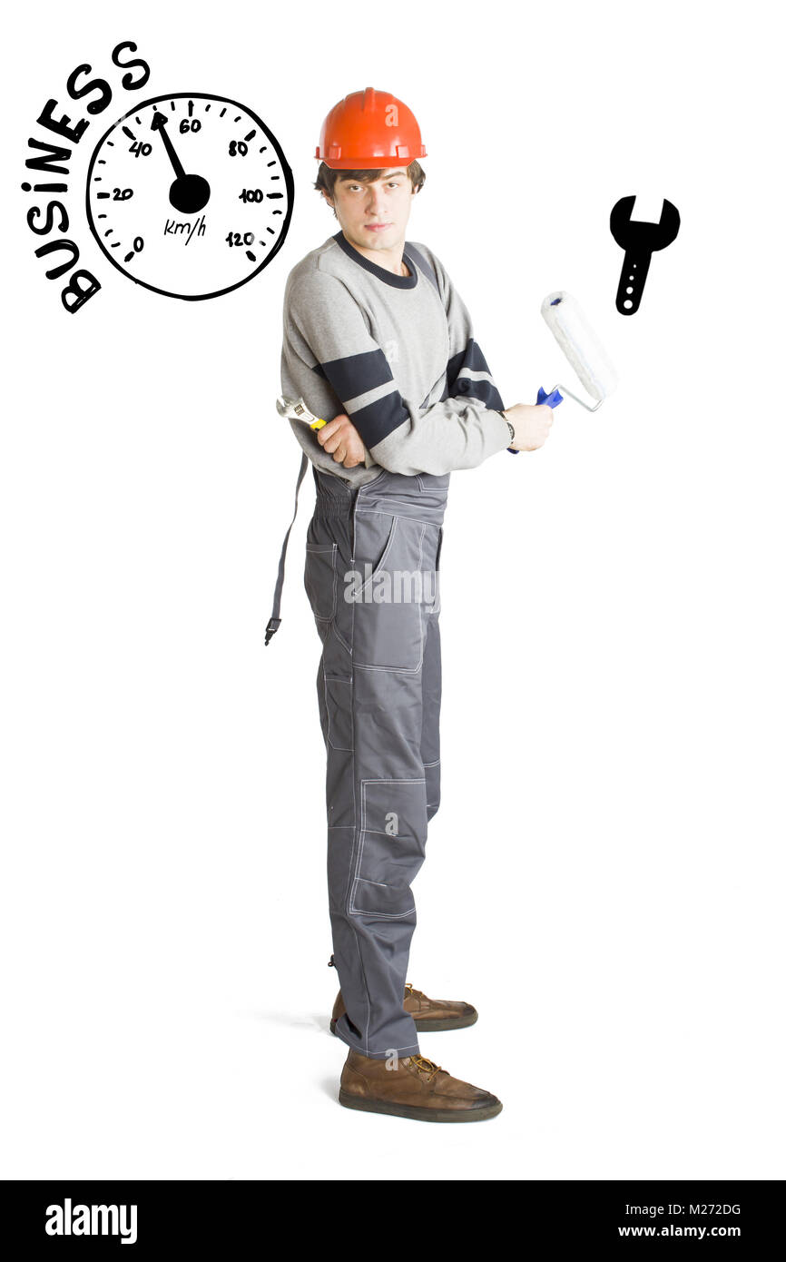 Business concept of self-made man. Young laborer man in orange helmet ...