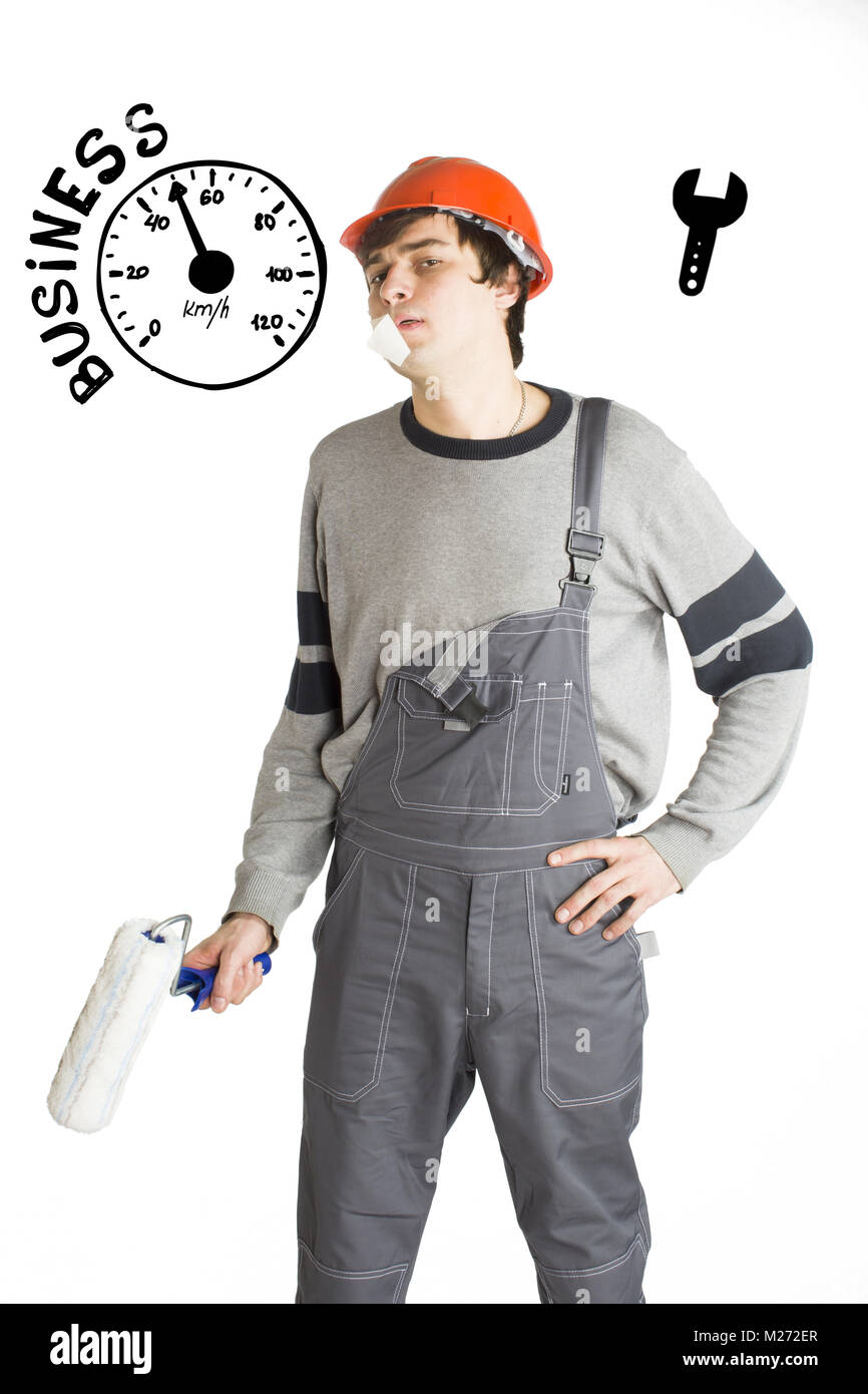 Business concept of self-made man. Young laborer man in orange helmet ...