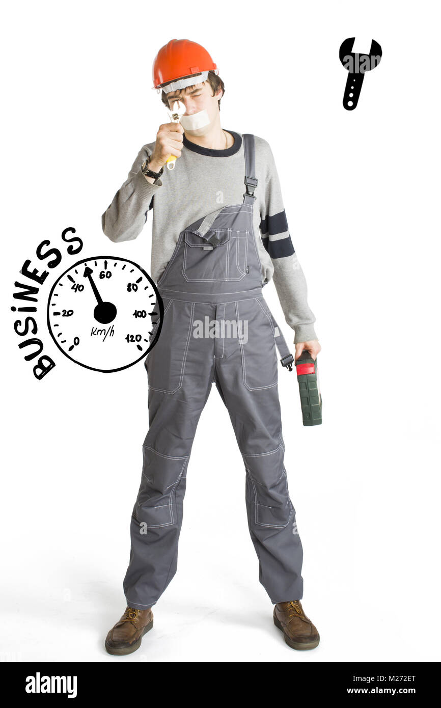 Business concept of self-made man. Young laborer man in orange helmet ...