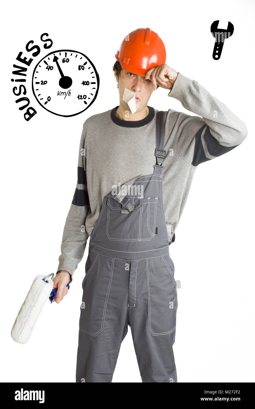 Business concept of self-made man. Young laborer man in orange helmet ...