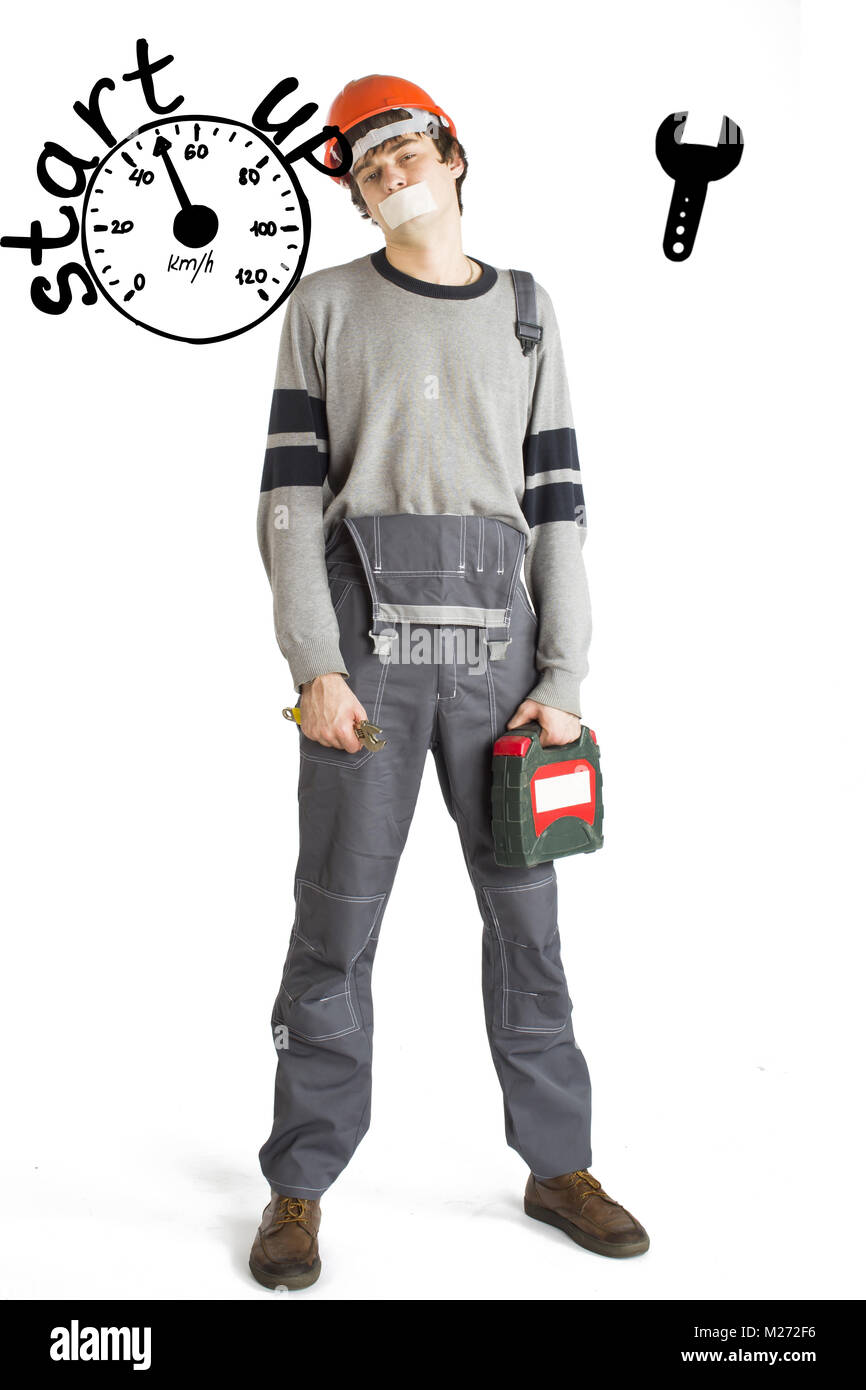 Business concept of self-made man. Young laborer man in orange helmet ...