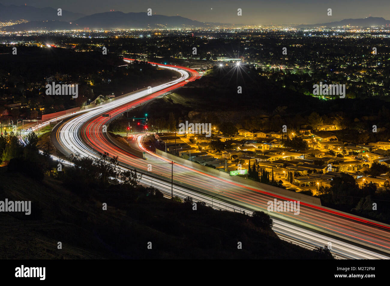 Night view of route 118 freeway entering the San Fernando Valley in Los ...