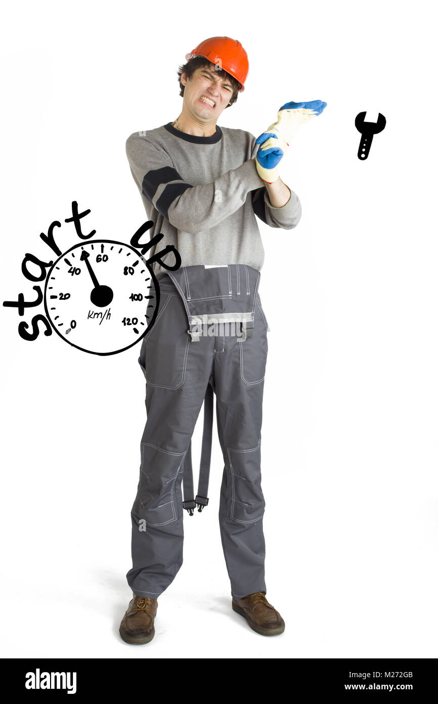 Business concept of self-made man. Young laborer man in orange helmet ...