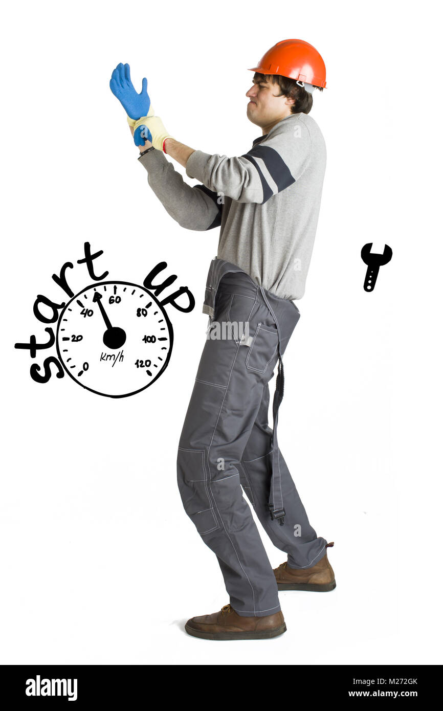 Business concept of self-made man. Young laborer man in orange helmet ...