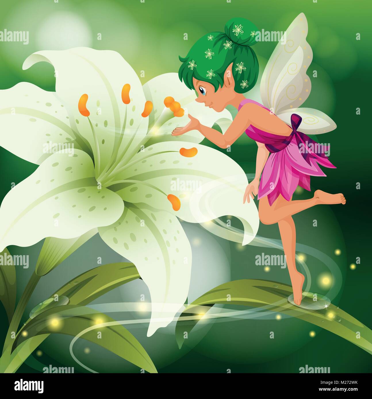 Cute fairy flying around white lily illustration Stock Vector Image ...