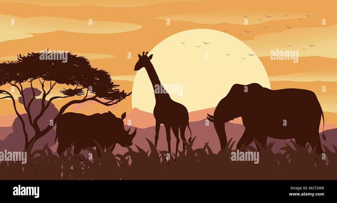 Silhouette scene with wild animals at sunset illustration Stock Vector ...