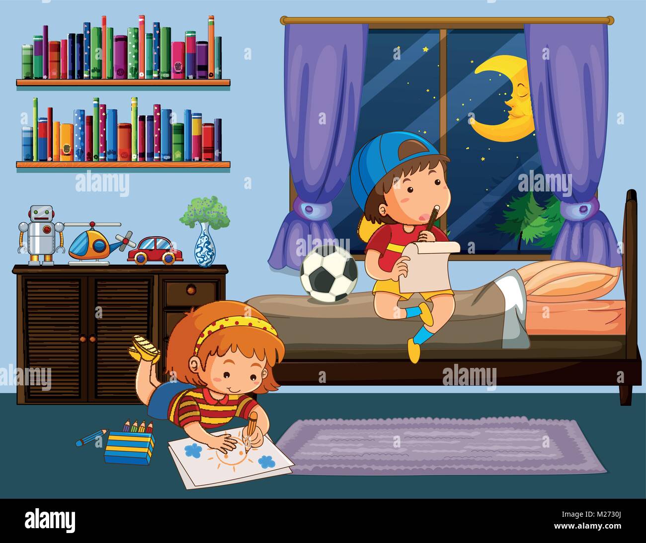 Boy and girl doing homework in bedroom illustration Stock Vector Image ...