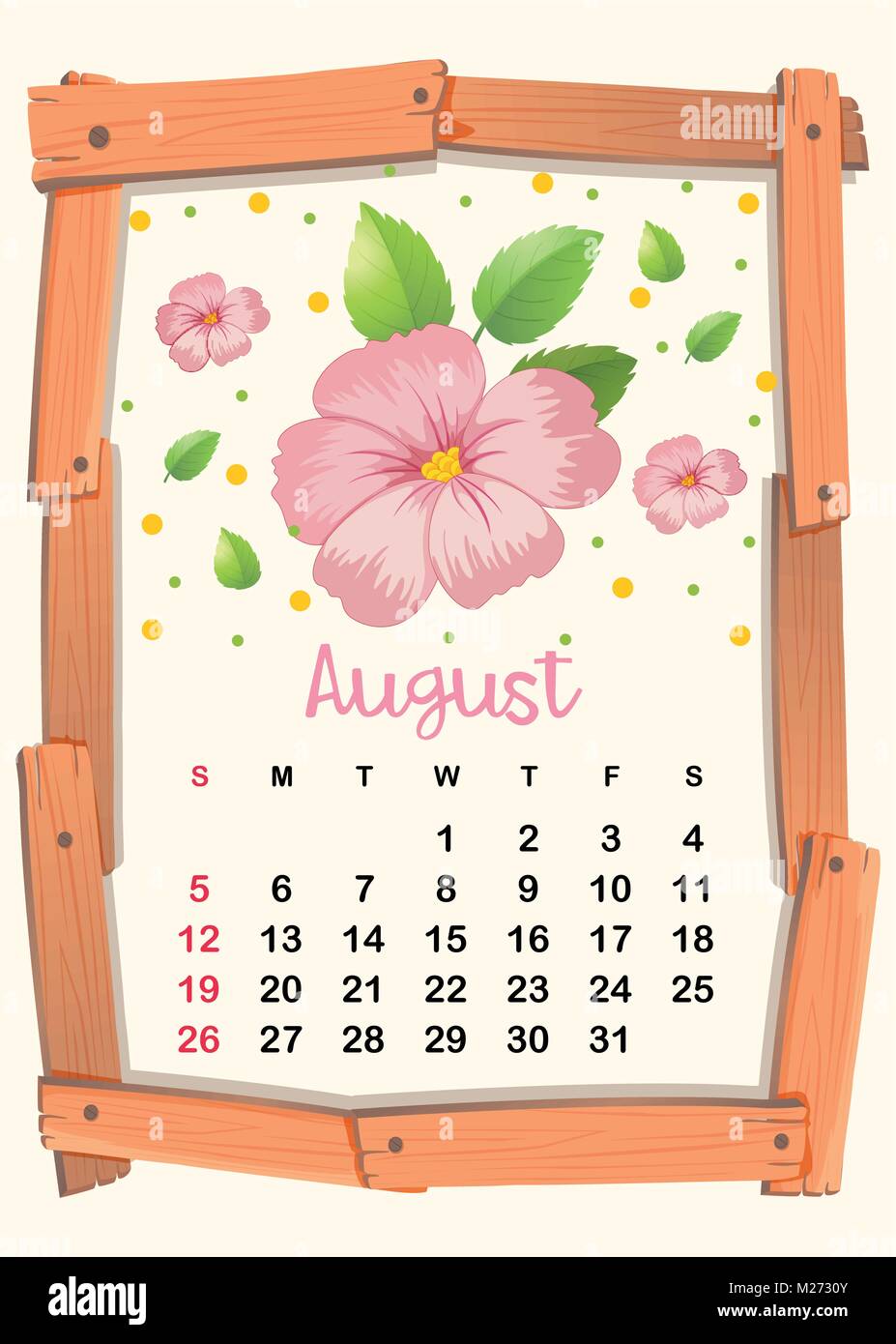 Calendar template with pink flowers for August illustration Stock ...