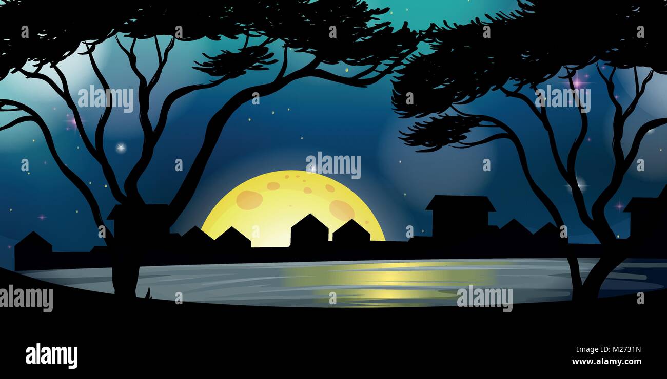 Silhouette scene with city at night time illustration Stock Vector ...