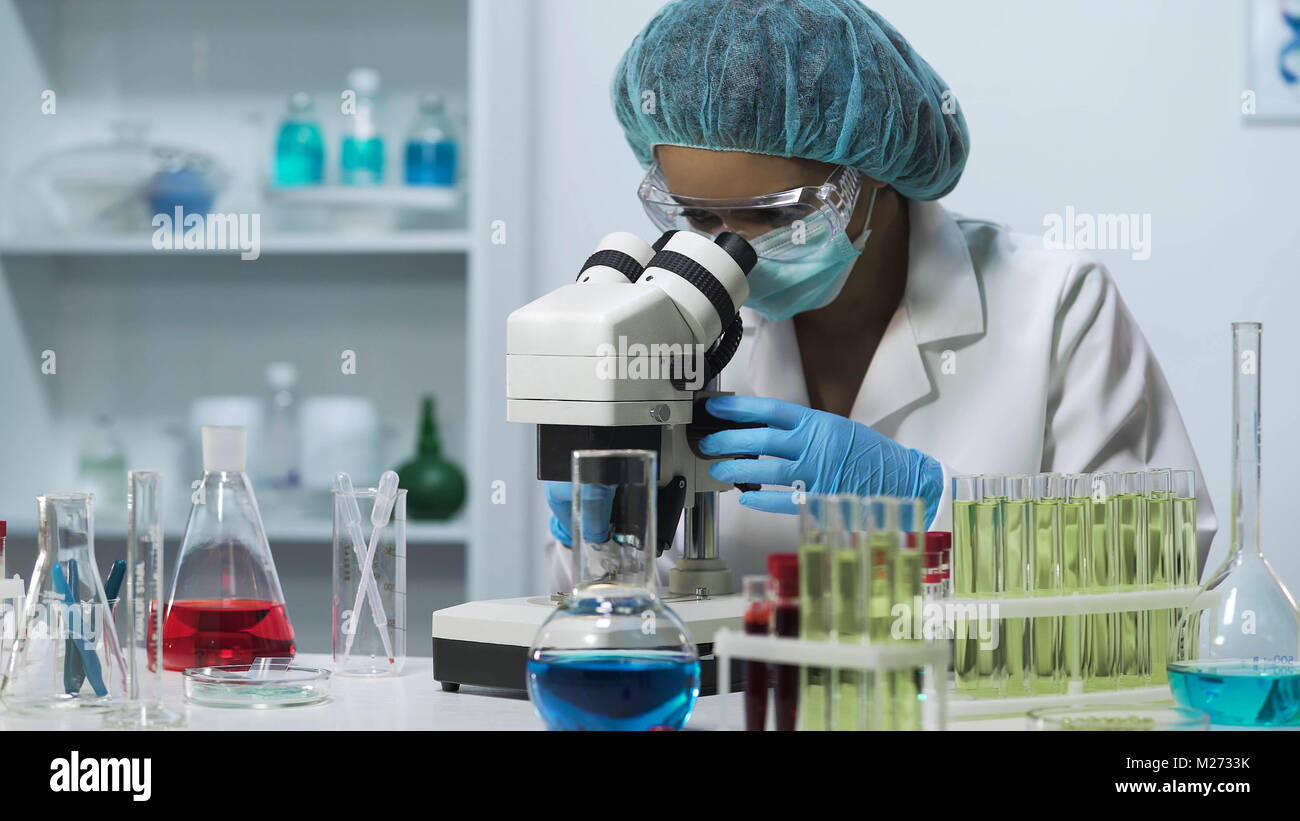 Professional laboratory scientist looking into microscope, doing ...