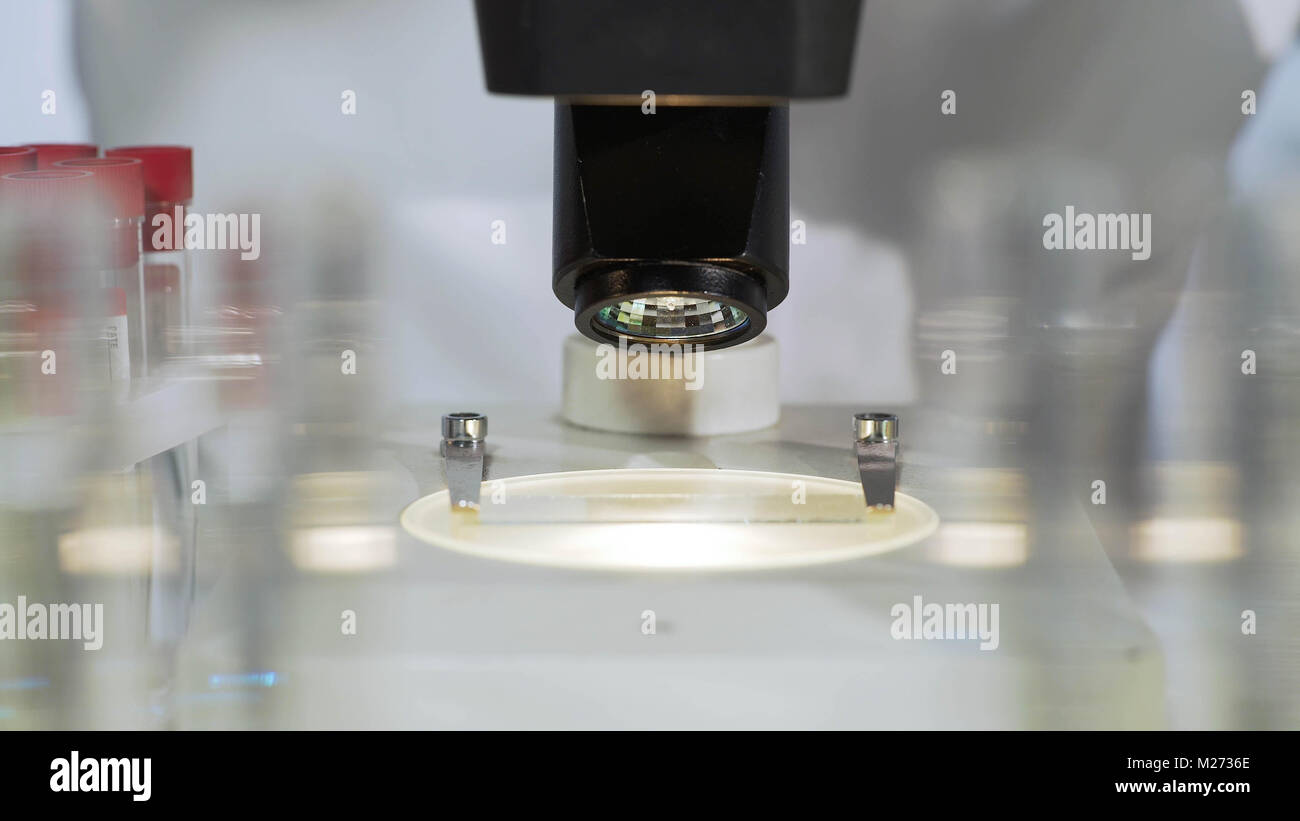 Close up of microscope illuminating glass sample with bacteria ...