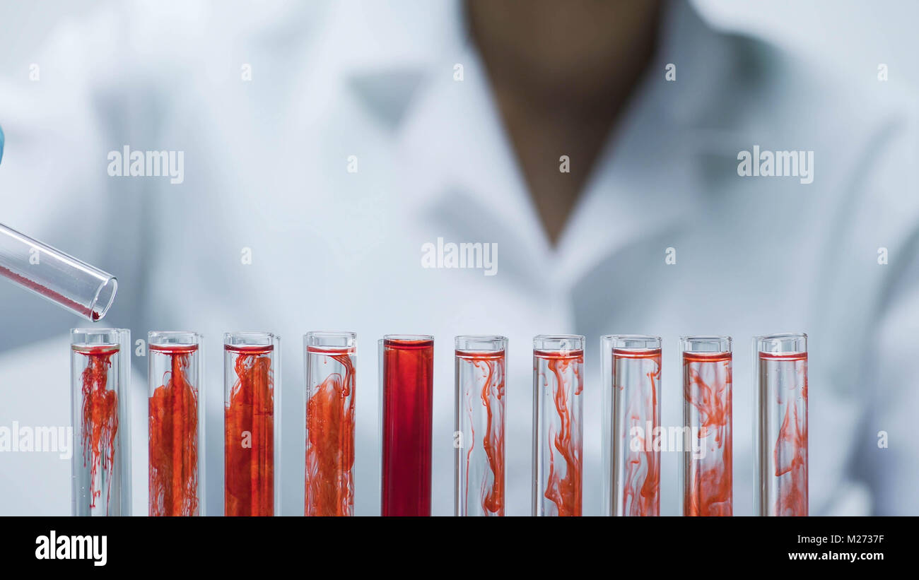 Medical researcher adding dry test material into the tubes with liquid ...