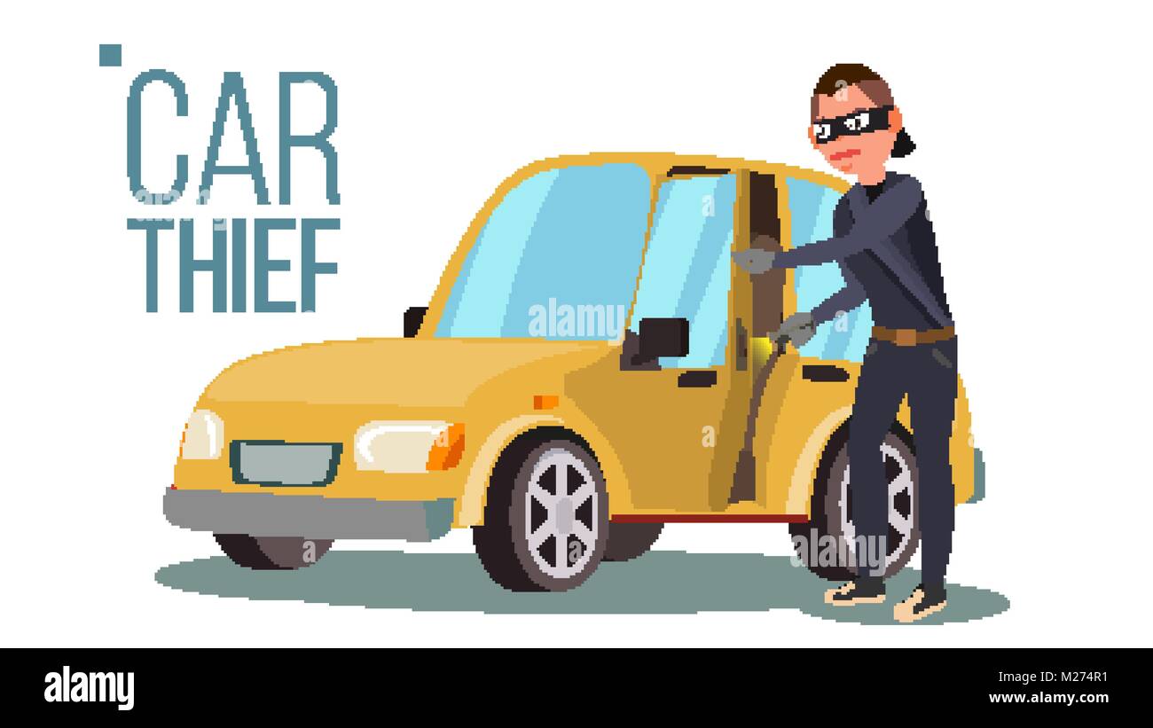 Thief And Car Vector. Breaking Into Car. Insurance Concept. Burglar ...