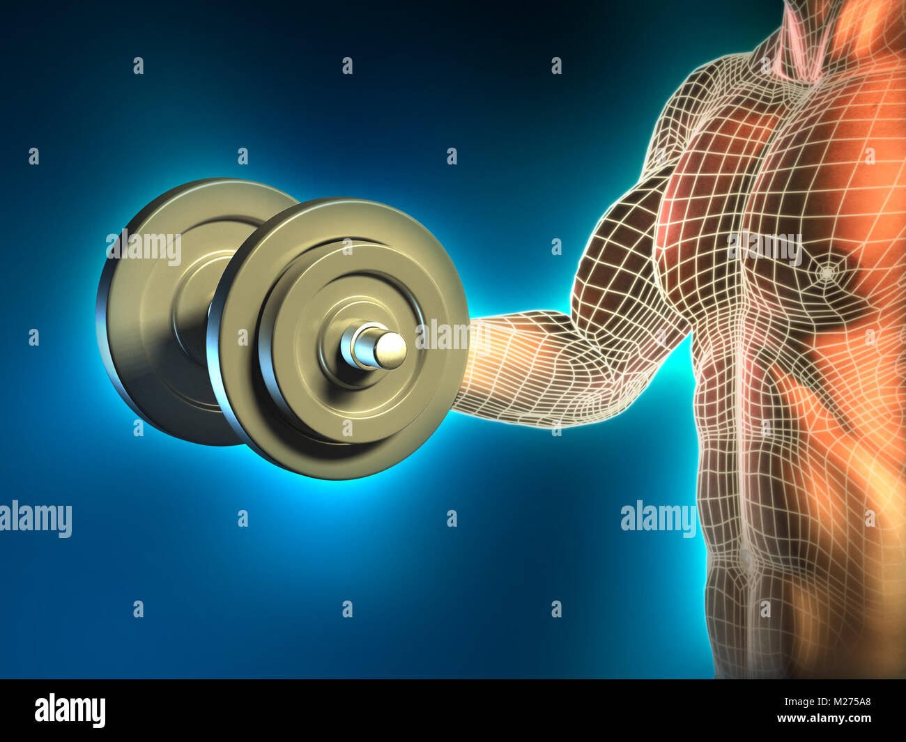Conceptual image of a young man doing weight lifting excercises ...