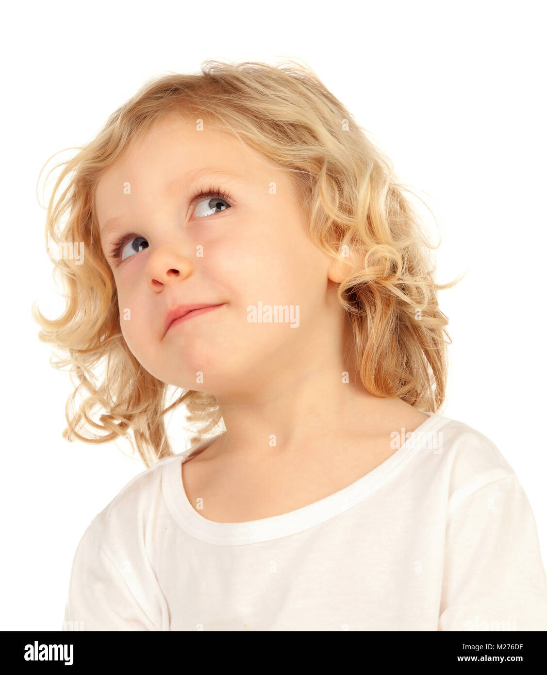 Beautiful little child looking up isolated on a white background Stock ...
