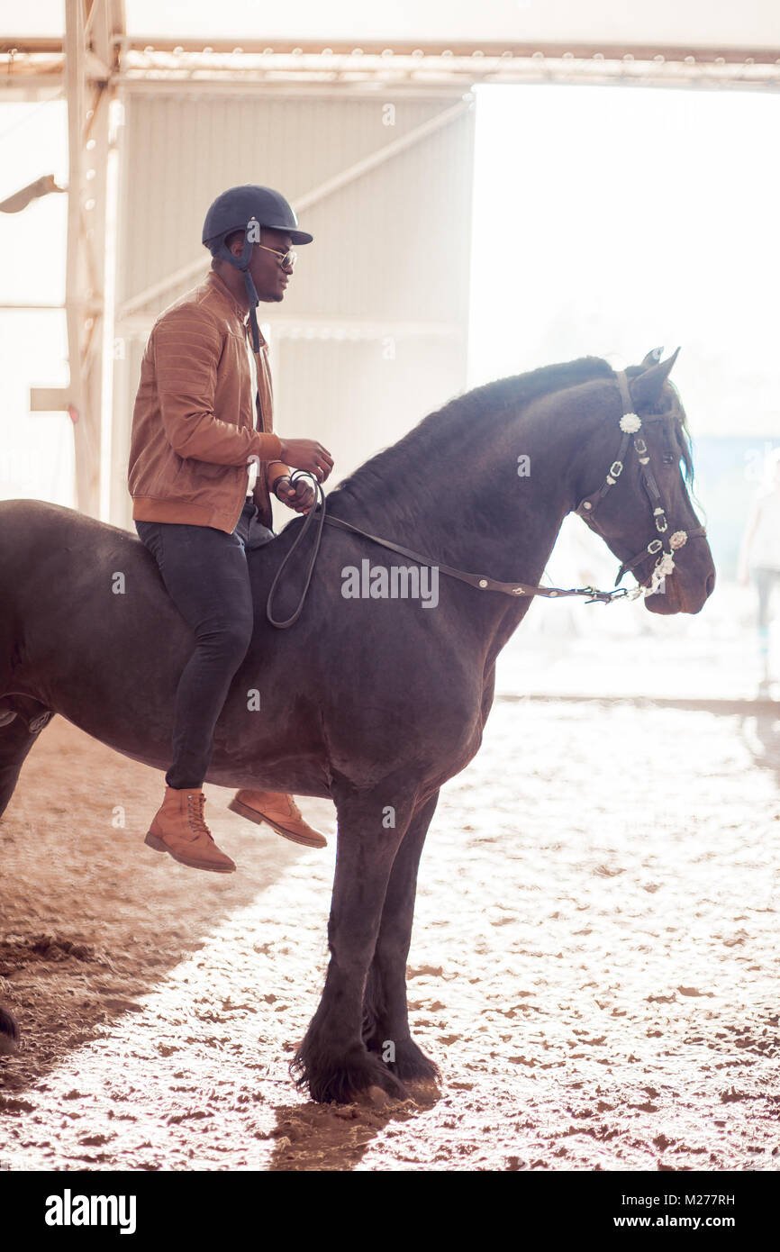 man riding brown horse on countryside Stock Photo - Alamy