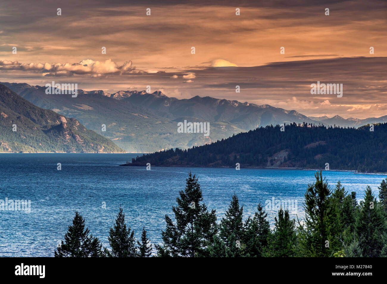 Kootenay Lake, a natural lake on Kootenay River, Selkirk Mountains in ...