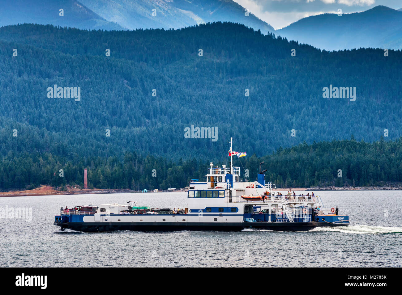 MV Balfour ferry, Purcell Mountains in distance, crossing Kootenay Lake ...